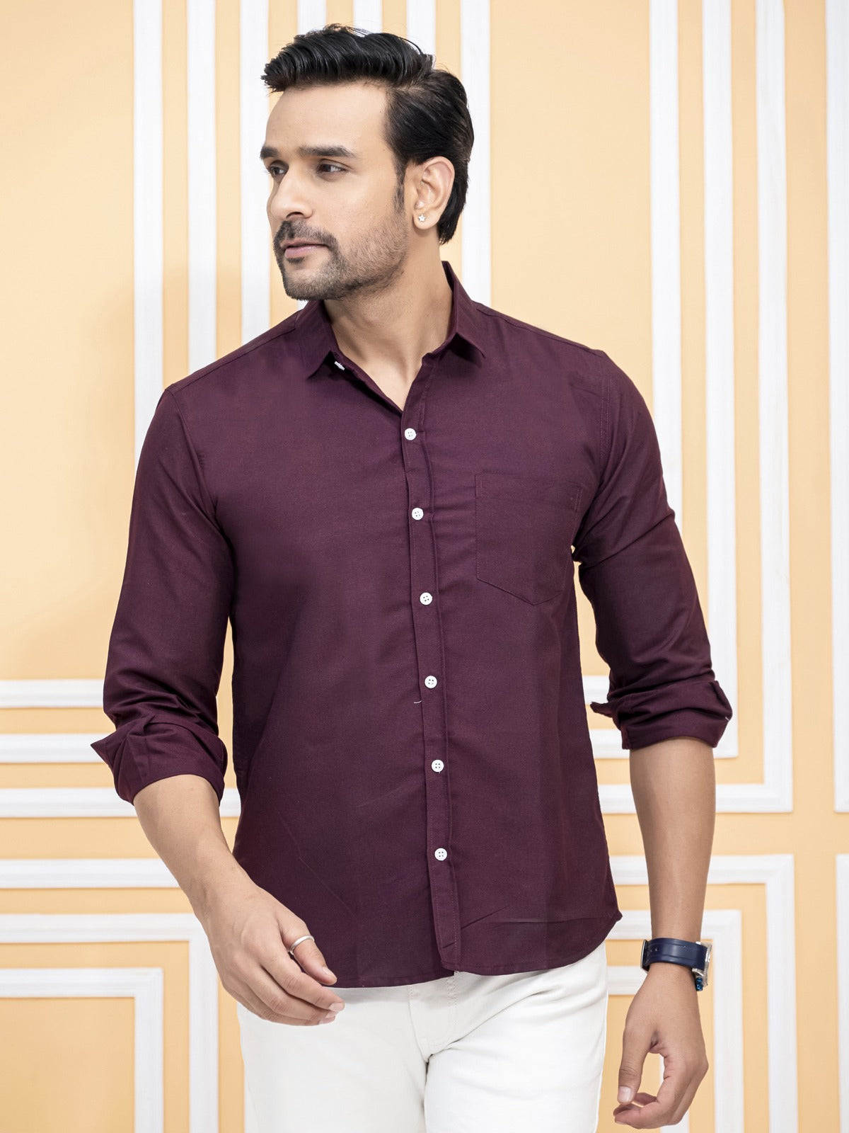 Mens Solid Wine Full Sleeve Cotton Blend Shirt – QuaClo