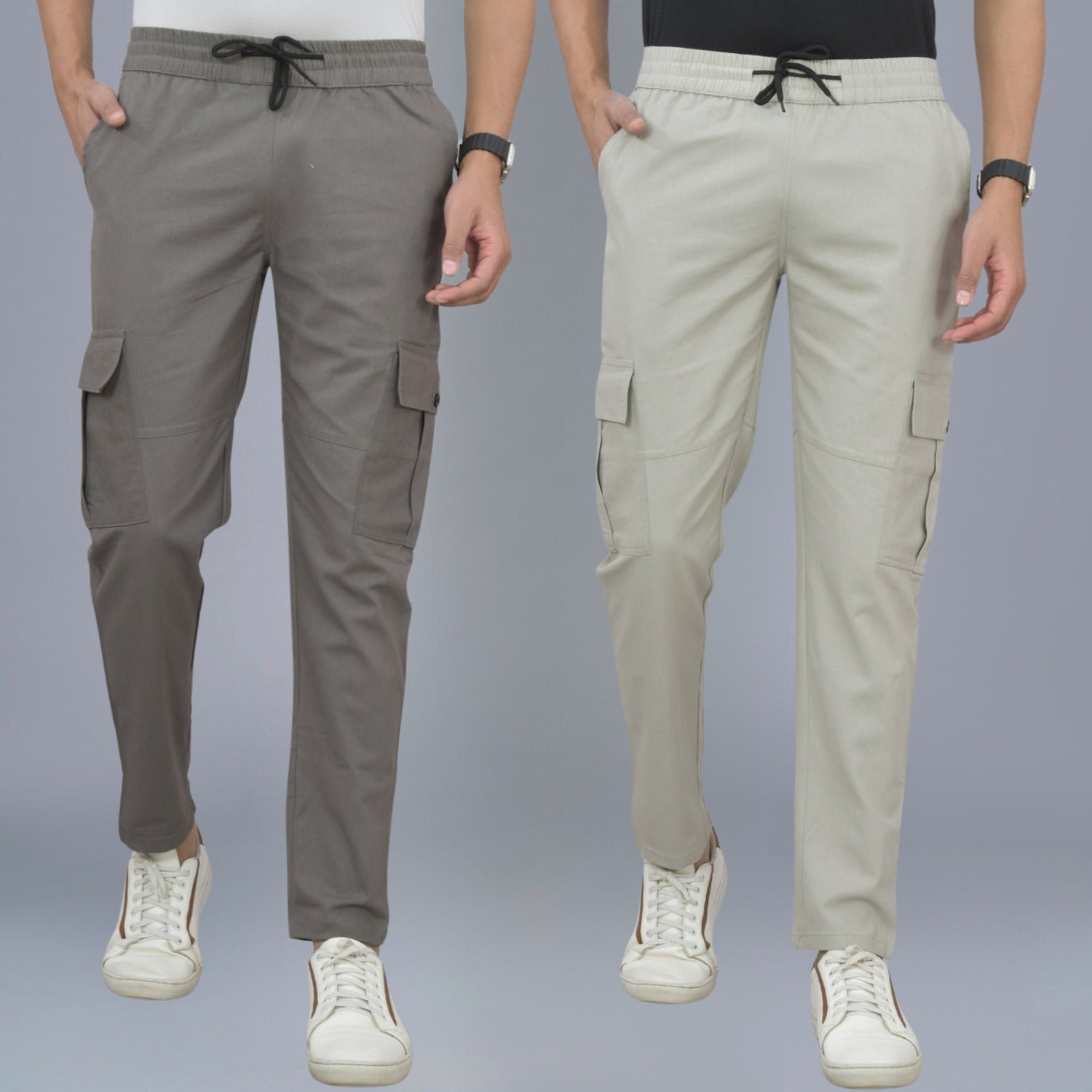 Pack Of 2 Mens Grey And Melange Grey Twill Straight Cargo Pants Combo ...