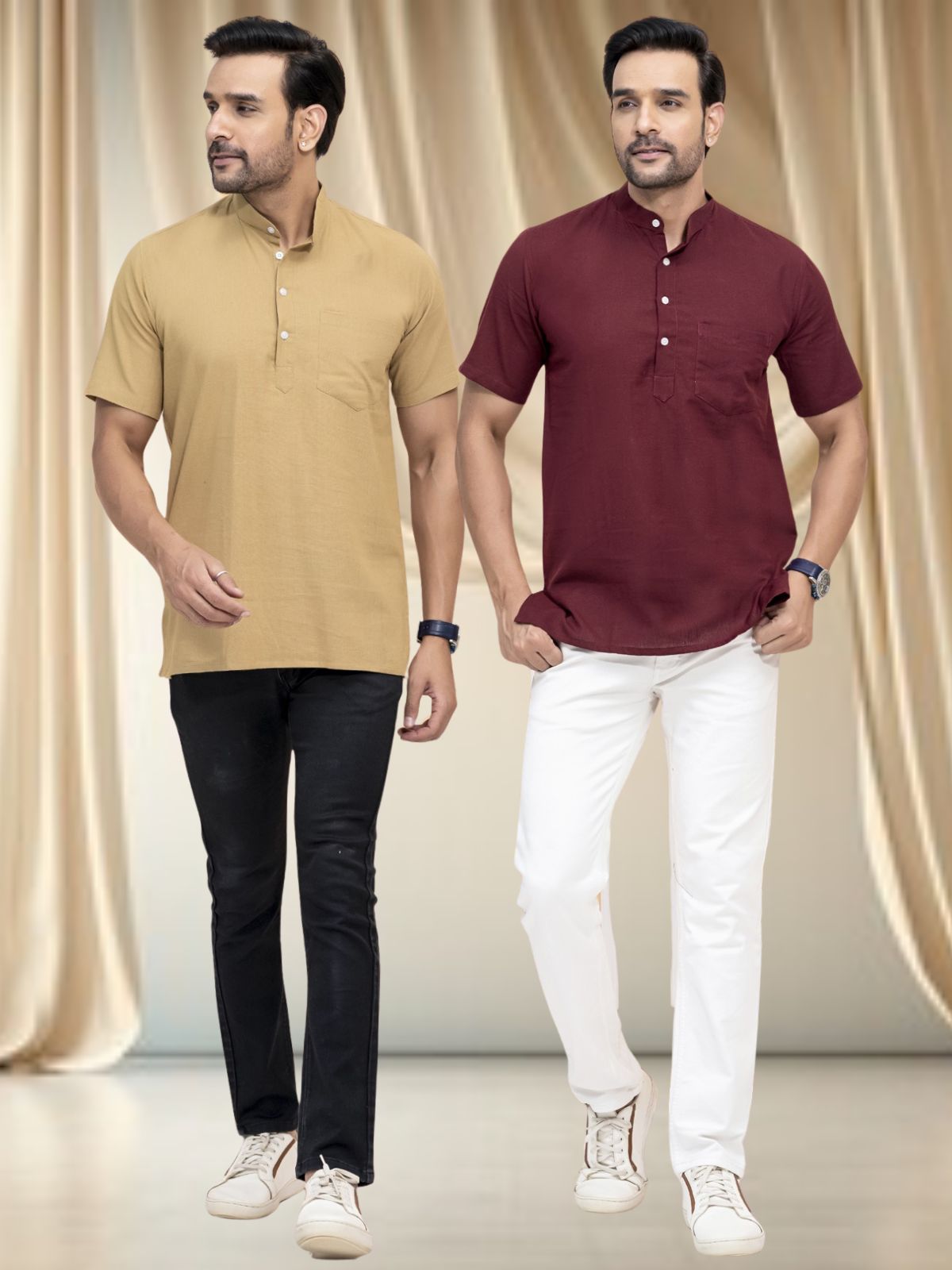 Pack Of 2 Mens Beige And Wine Cotton Short Kurta Combo – QuaClo