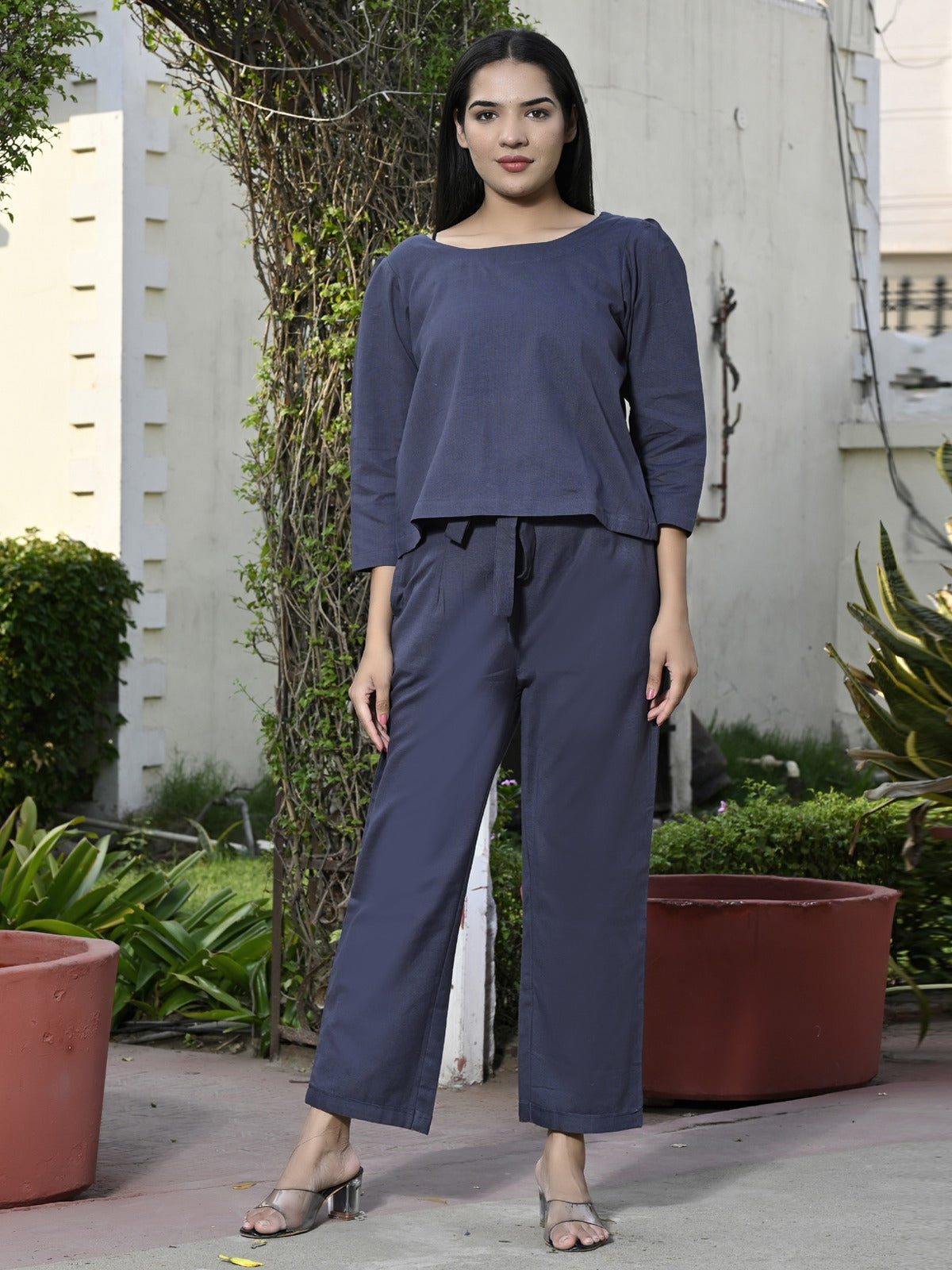 Womens Solid Dark Grey Cotton Co-Ords Set – QuaClo