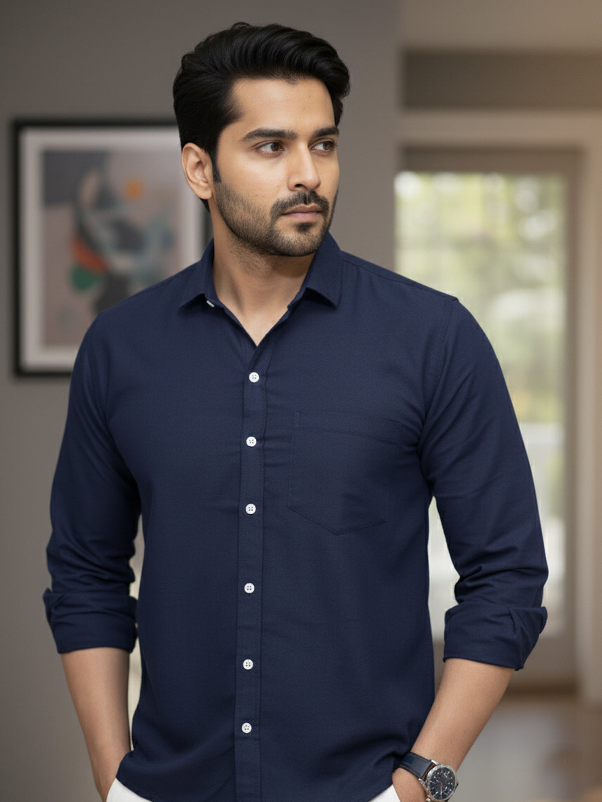 Mens Solid Navy Blue Full Sleeve Cotton Blend Shirt – QuaClo