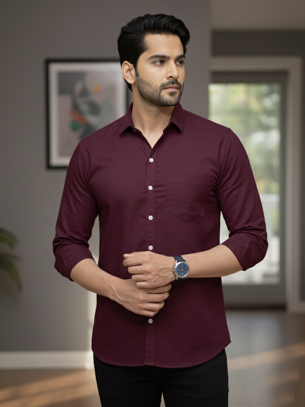 Mens Solid Wine Full Sleeve Cotton Blend Shirt – QuaClo