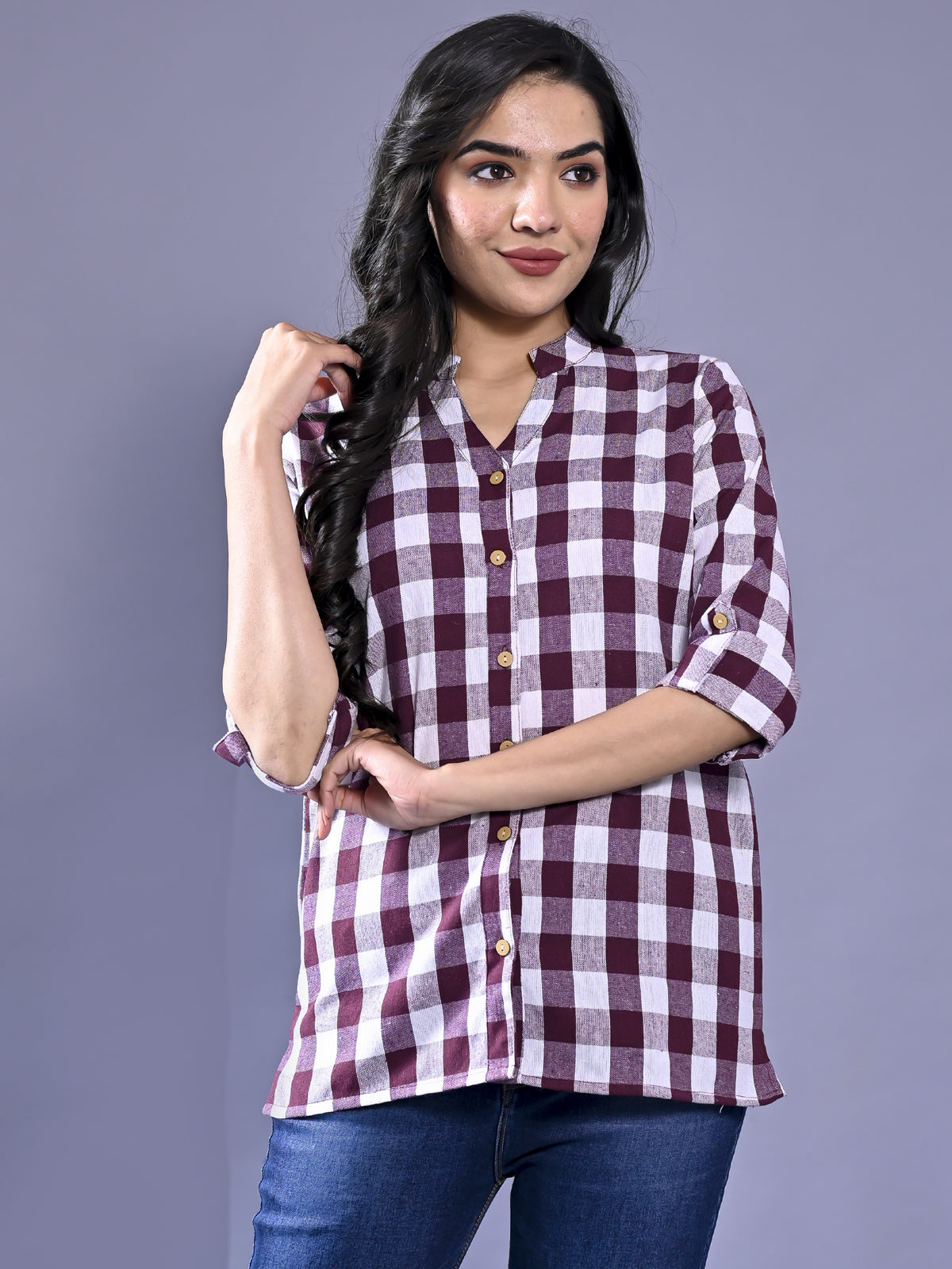 Women Regular Fit Maroon Checkered Mandarin Collar Casual Shirt – QuaClo