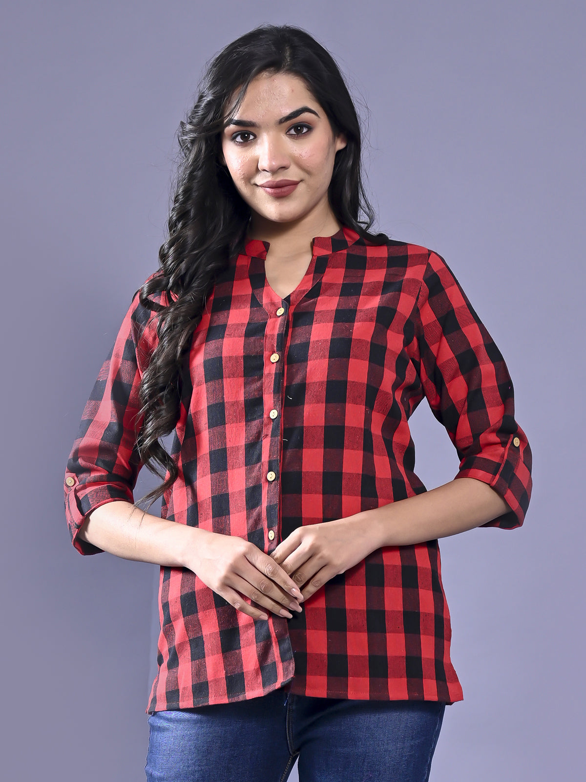 Women Regular Fit Red Checkered Mandarin Collar Casual Shirt – QuaClo